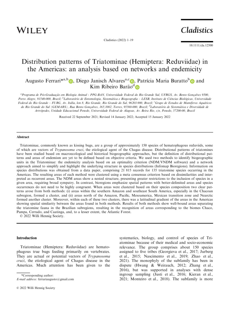 Ferrari Et Al 2022 Distribution Patterns of Triatominae CLA - 12500 | PDF