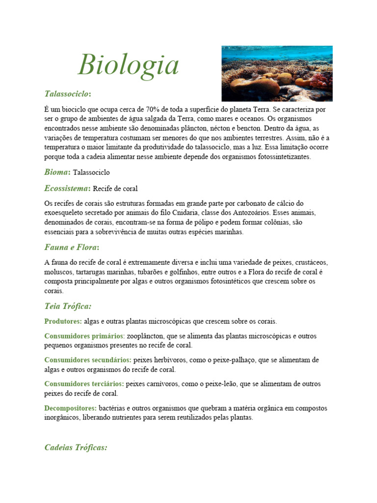 Biologia - Teia Trófica | PDF | Recife de corais | Coral