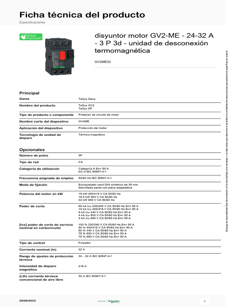 Interruptor de Motor - GV2ME32 | PDF | Ingenieria Eléctrica | Electricidad