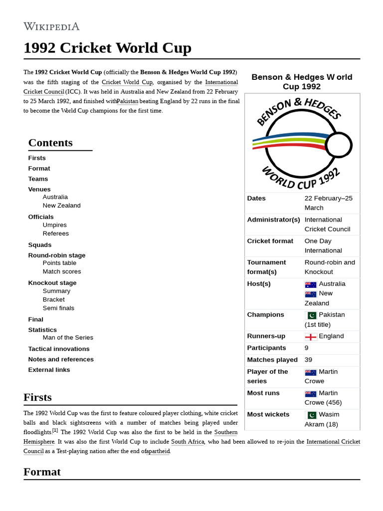1992 Cricket World Cup | PDF | Summer Sports | Athletic Sports