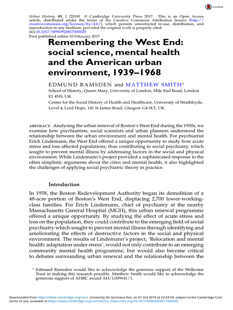 Remembering The West End Social Science Mental Health and The American Urban Environment ...