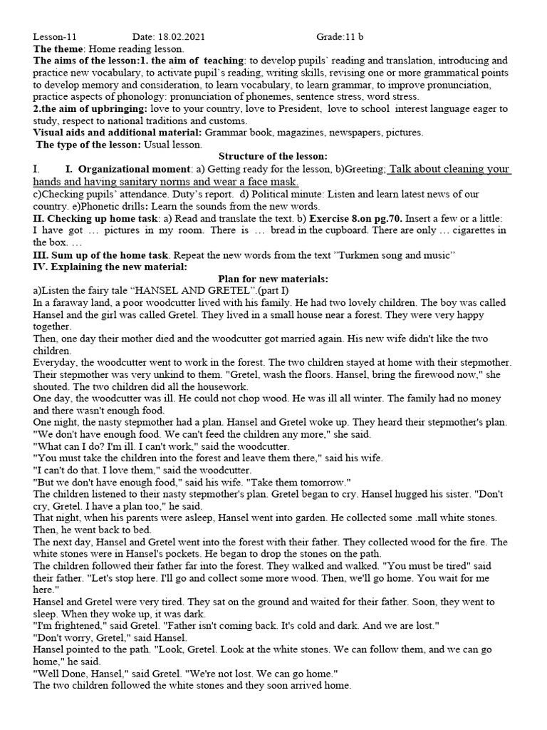 11th Grade Reading Comprehension Lesson | PDF | Hansel And Gretel ...