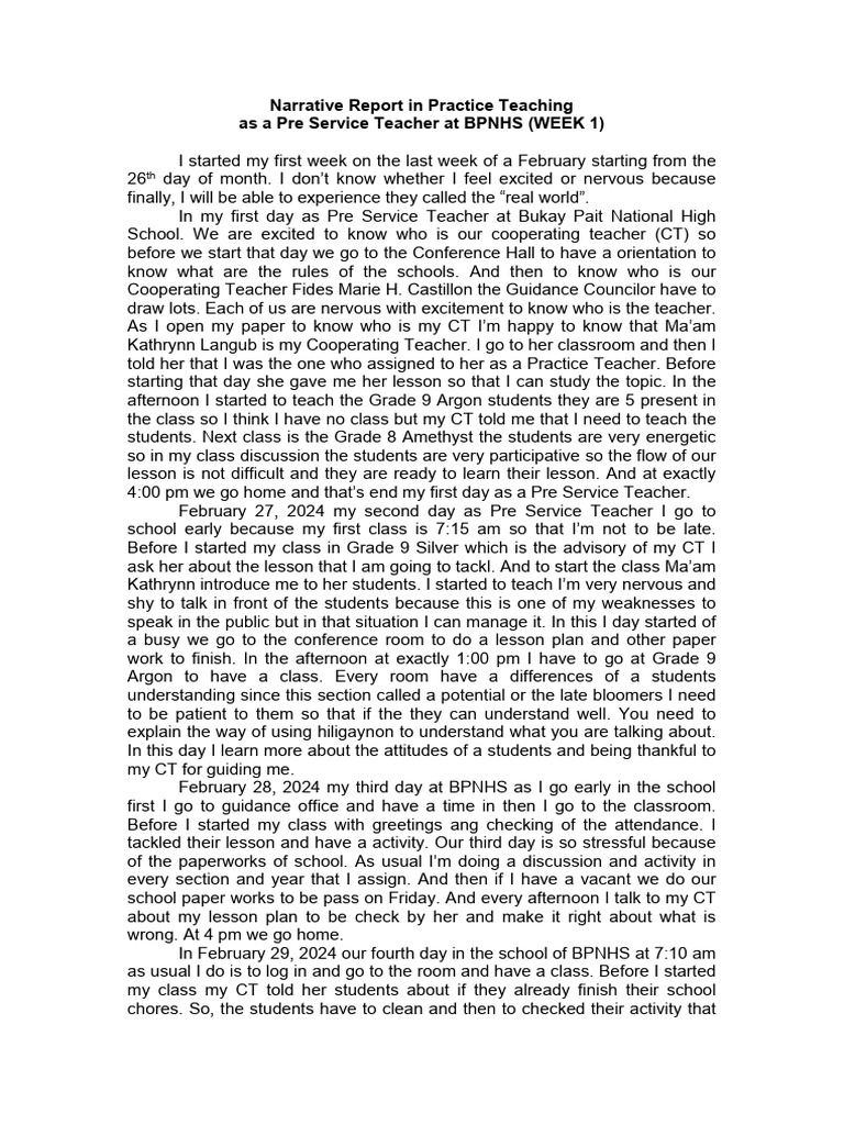 Weekly Narrative Report: Practice Teaching | PDF | Pedagogy | Education ...