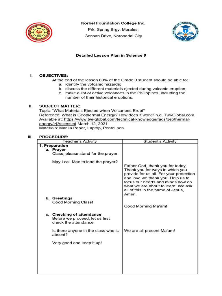 Science 9 Lesson Plan: Volcanic Eruptions | PDF | Volcano | Lava