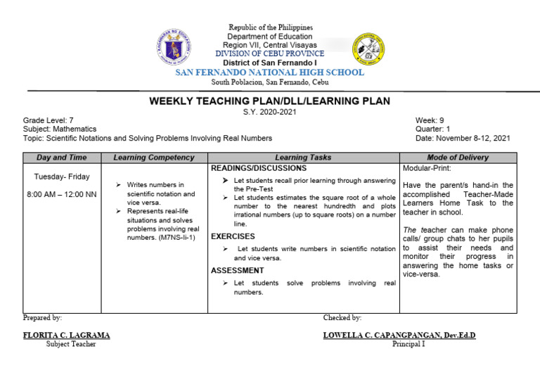 Q1-WEEK 9 - Weekly-Teaching-Plan | PDF | Cognitive Science | Education ...