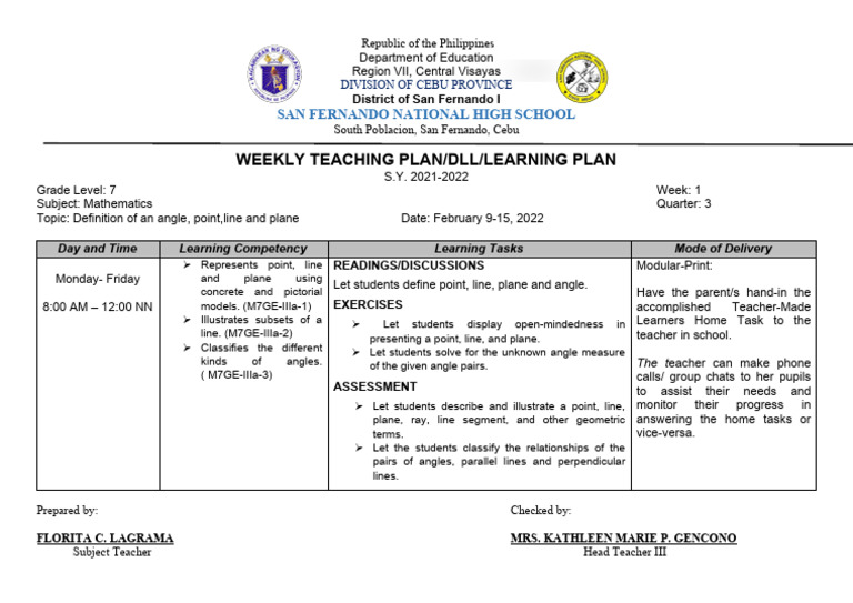 Q3-WEEK 1 - Weekly-Teaching-Plan | PDF | Teachers | Education Theory