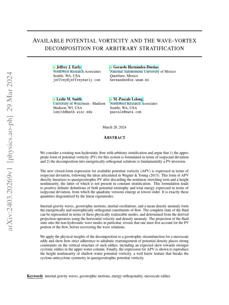 Vailable Potential Vorticity and The Wave Vortex Decomposition For Arbitrary Stratification ...
