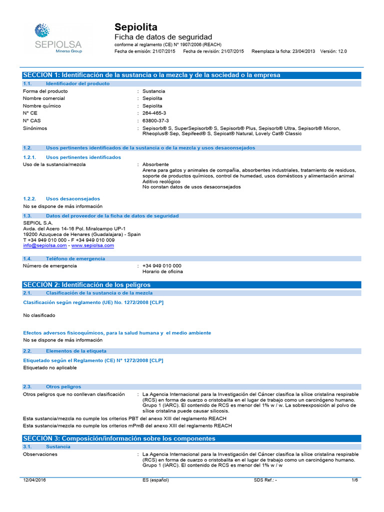 HDS Sepiolita 2015 | PDF | Seguridad y salud ocupacional | Química