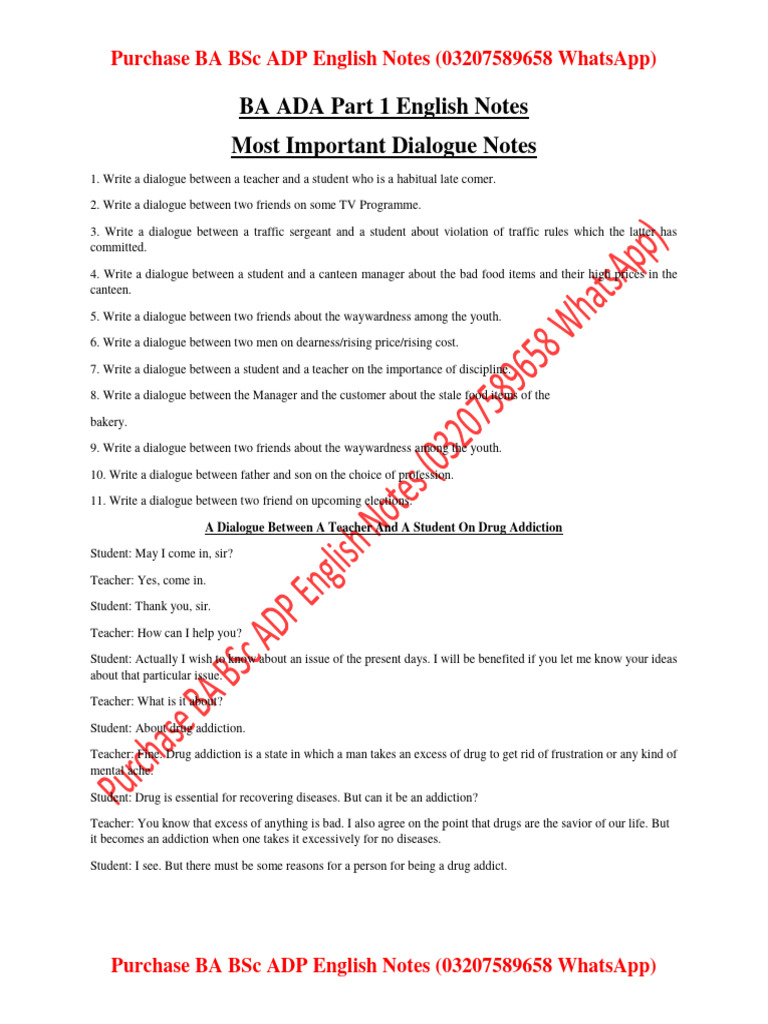 BA ADA Part 1 ENGLISH Dialogues Notes | PDF | Water | Water Pollution