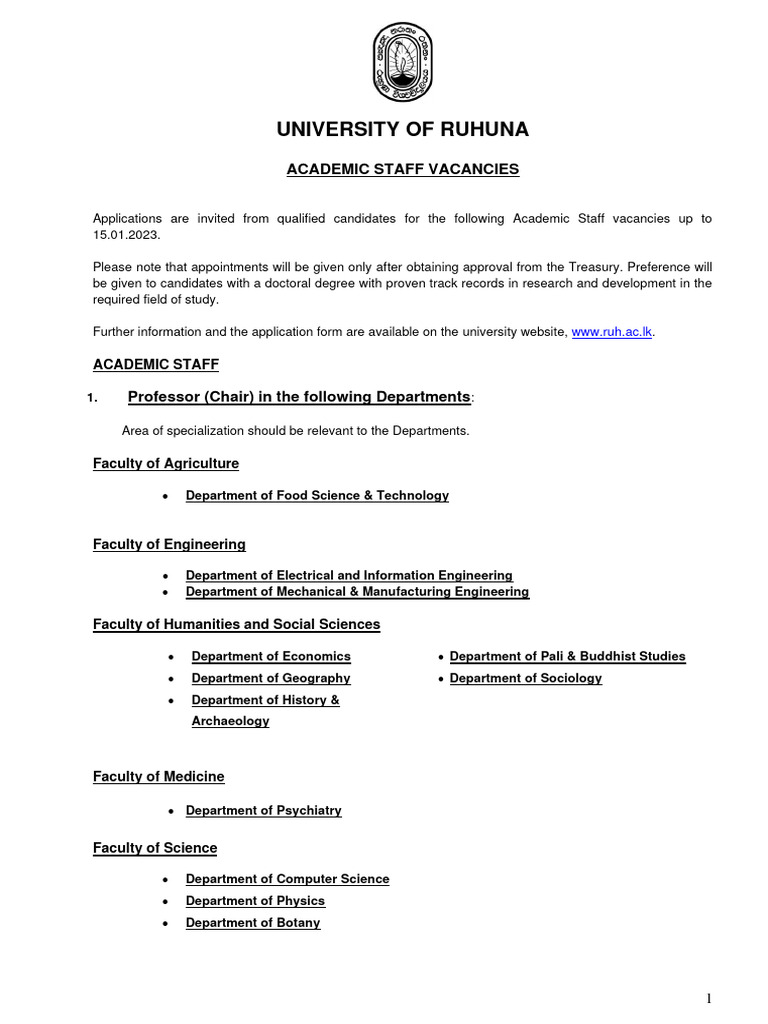 University of Ruhuna: Academic Staff Vacancies | PDF | Engineering ...