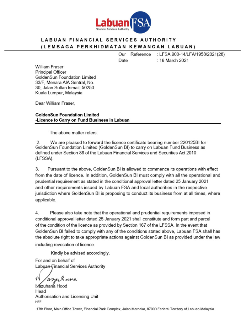 Labuan Fund Business License Granted | PDF