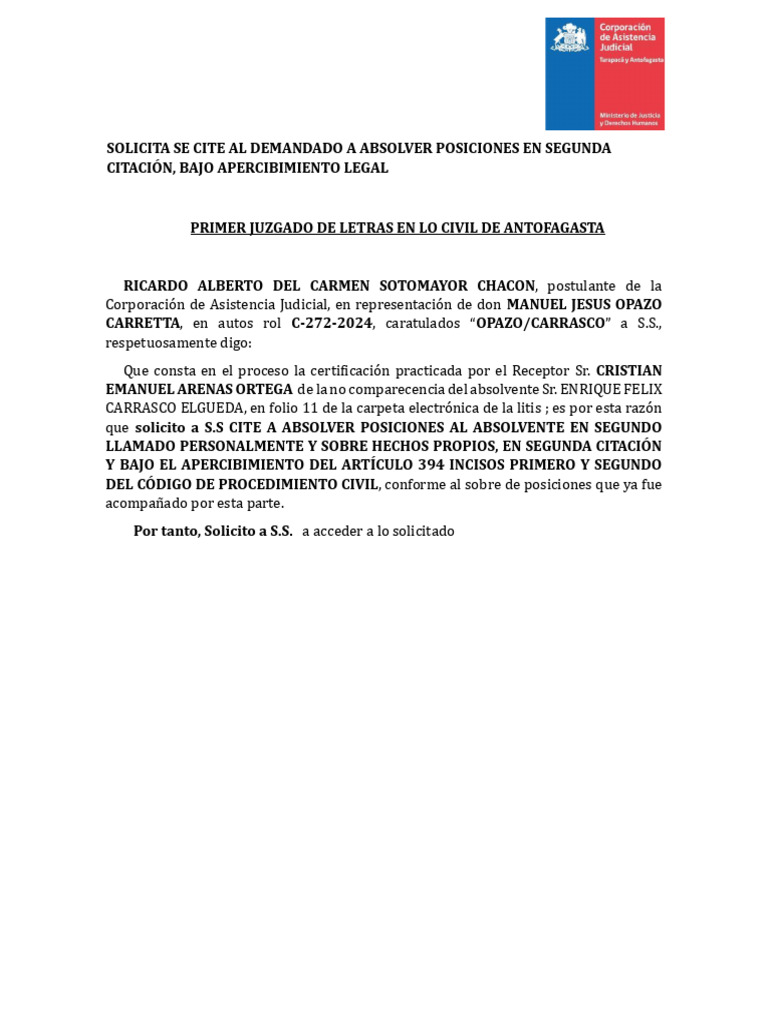 Solicita Absolver Posiciones en Segunda Instancia C 272-2024 | PDF