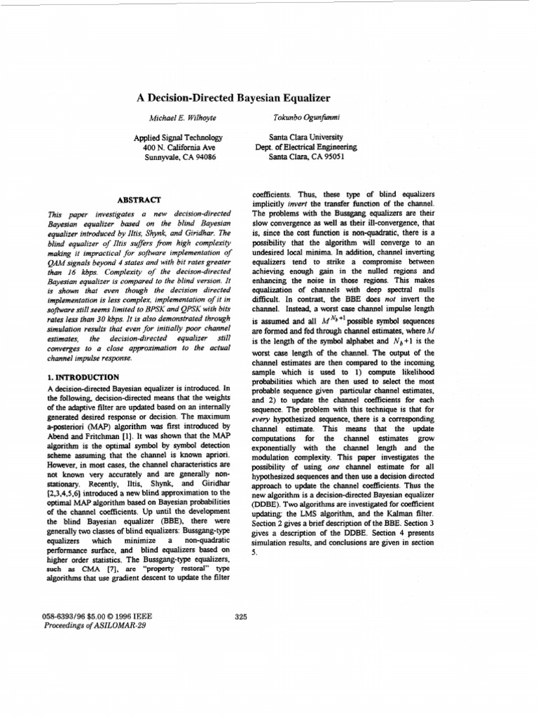 A Decision-Directed Bayesian Equalizer: California Santa Clara University | PDF | Kalman Filter ...