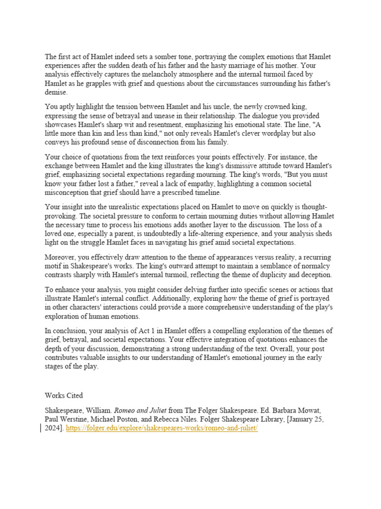 The First Act of Hamlet Indeed Sets A Somber Tone | PDF | Hamlet | Grief