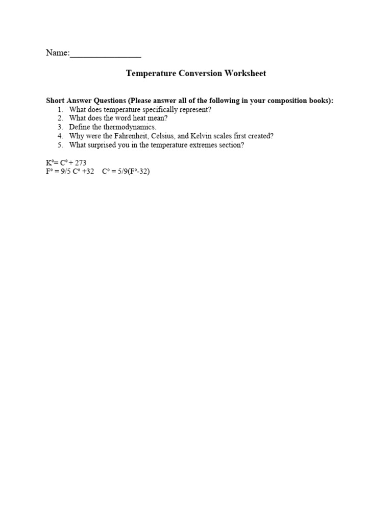 Temperature Conversion Worksheet | PDF