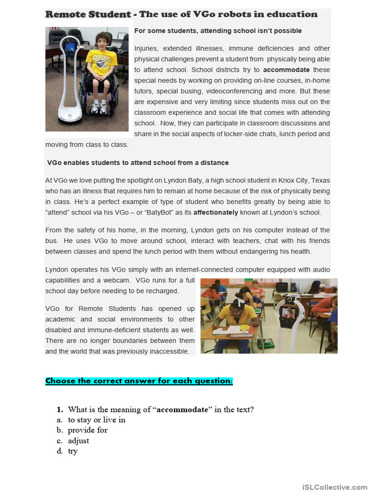 The Use of VGO Robots in Education - A Reading Exercise | PDF ...
