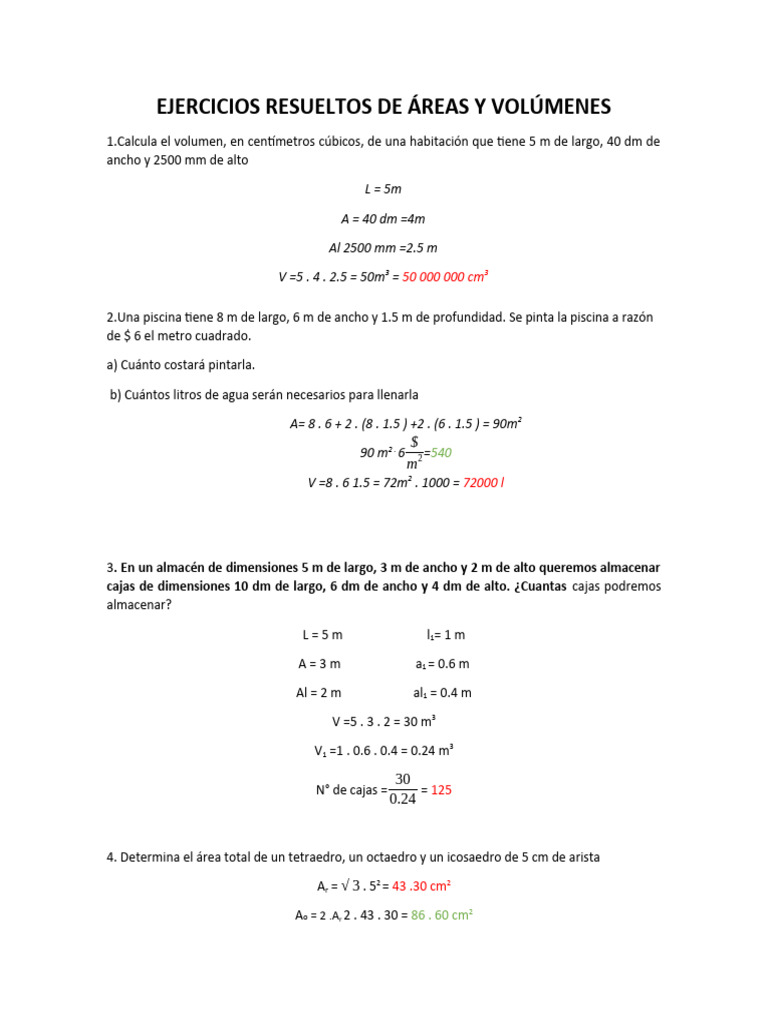 EJERCICIOS RESUELTOS DE ÁREAS Y VOLÚMENES Fca 2 | PDF | Cantidad | Volumen