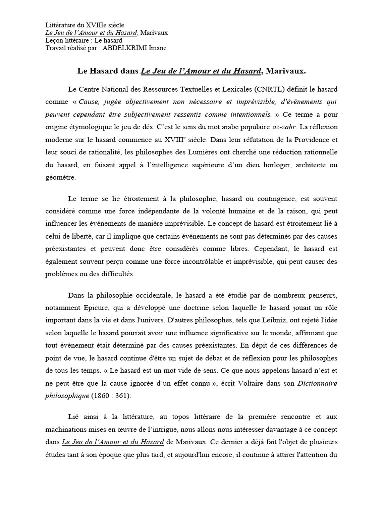 Le Hasard dans Marivaux : Analyse Littéraire | PDF