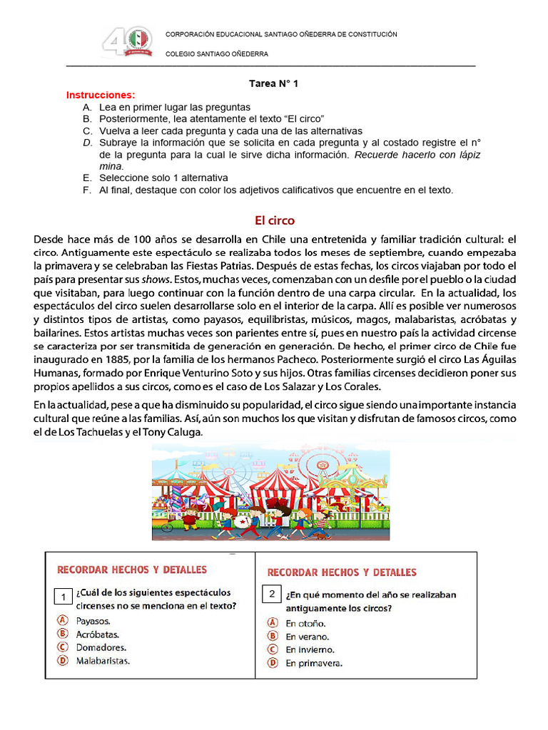 Actividad de Comprensión: El Circo | PDF