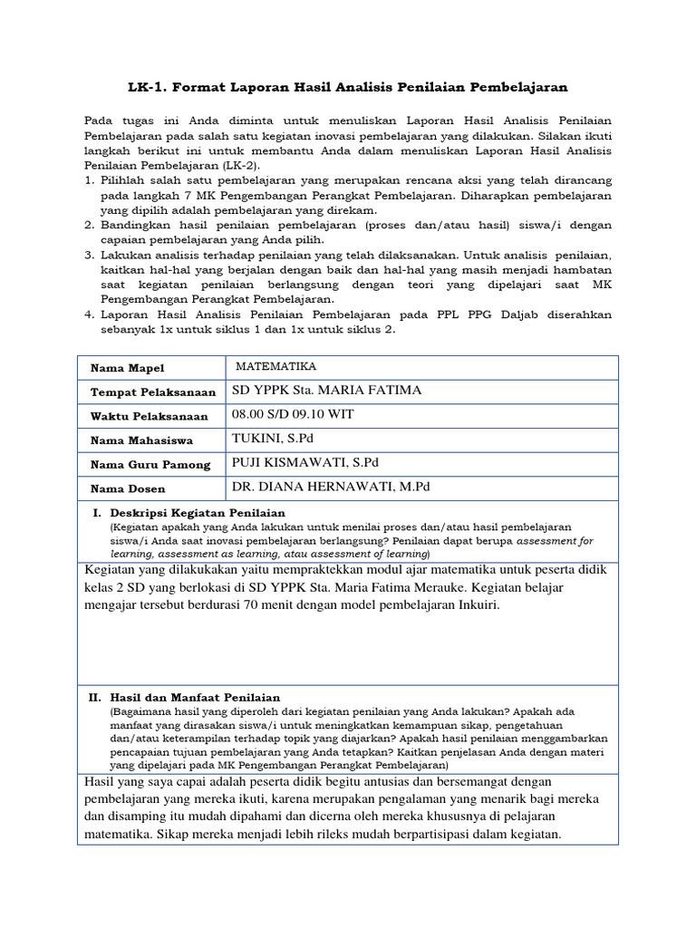 LK-1. Format Laporan Hasil Analisis Penilaian Pembelajaran | PDF