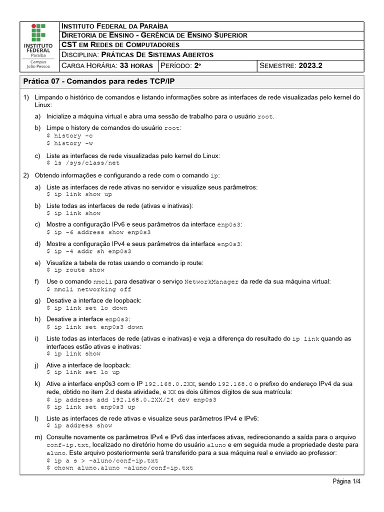 Prática de Comandos TCP/IP em Linux | PDF | Endereço de IP | Rede de ...