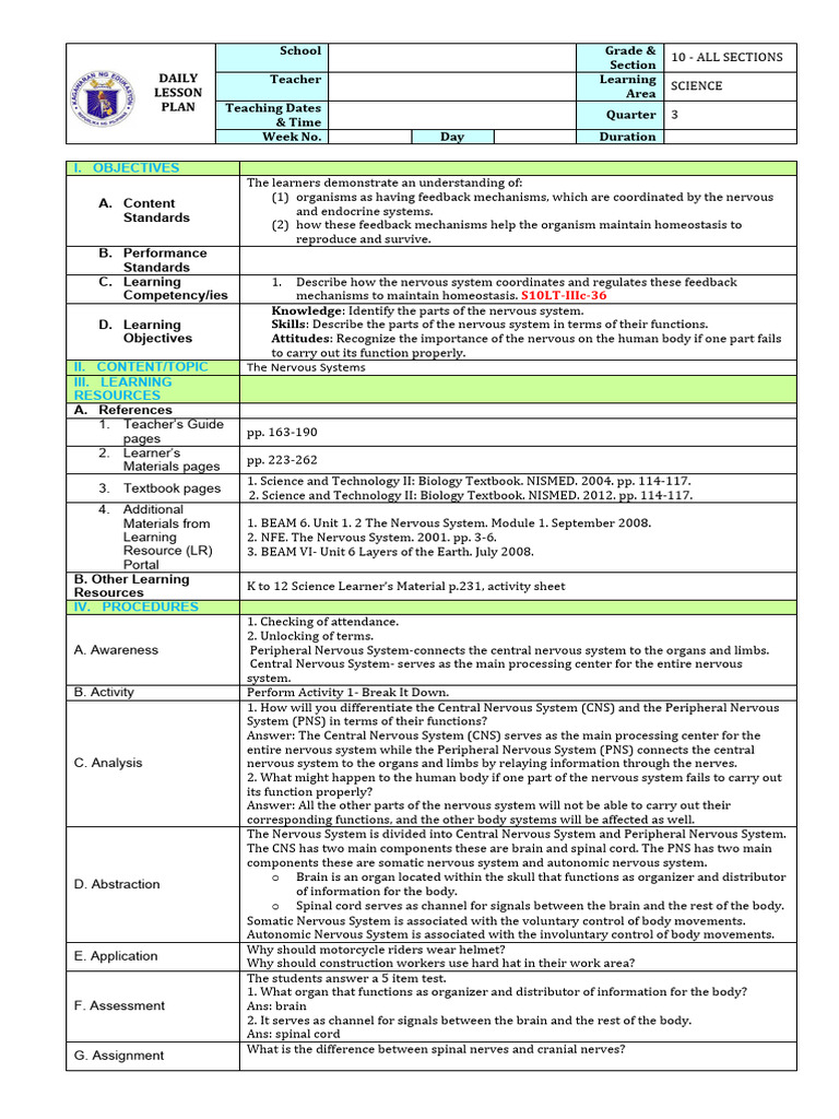 Science 10 DLP Q3W1D1 Cns | PDF | Nervous System | Central Nervous System