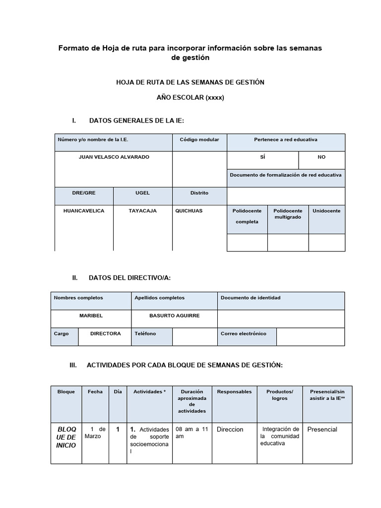 Formato de Hoja de Ruta para Incorporar Información Sobre Las Semanas de Gestión | Descargar ...