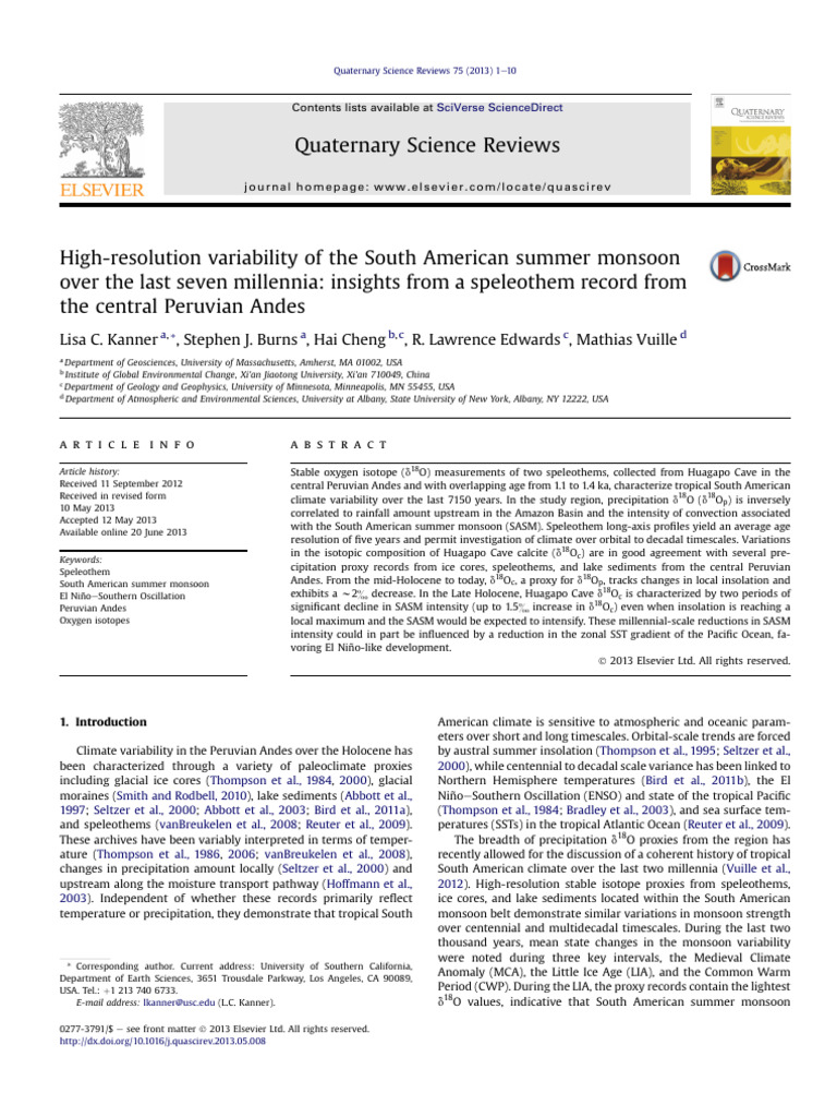 Quaternary Science Reviews: Lisa C. Kanner, Stephen J. Burns, Hai Cheng ...