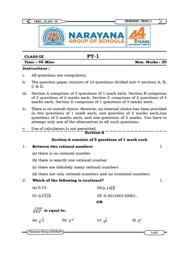 04 - Pan-India - Cbse - Ix - PT-1 - Maths - QP - Sample Paper | PDF | Rational Number | Arithmetic