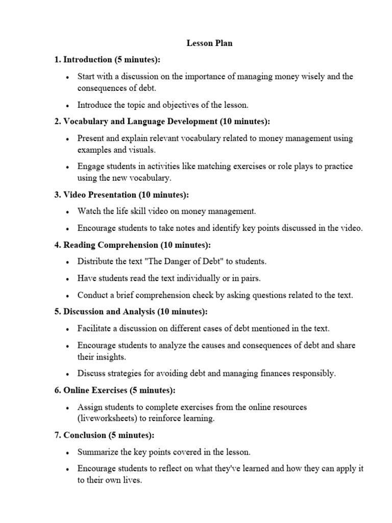 Money Management Lesson Plan | PDF