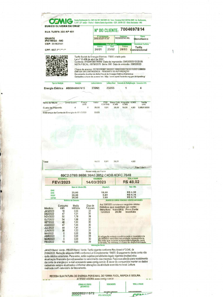 Conta Cemig Rua Turfa Eurico | PDF