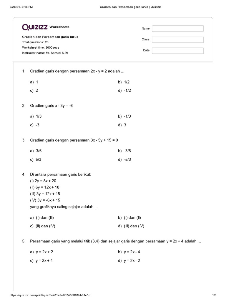 Soal Gradien dan Persamaan Garis Kelas 8 | PDF