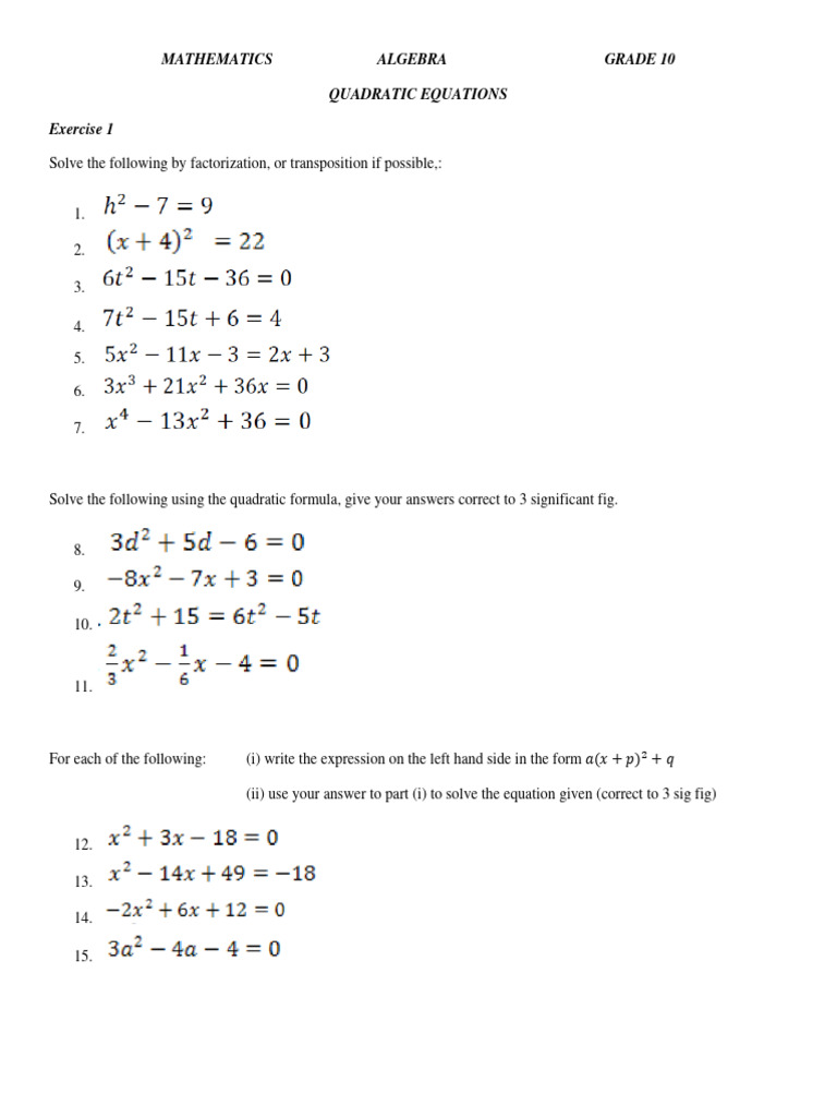Quadratic Equations Worksheet | PDF