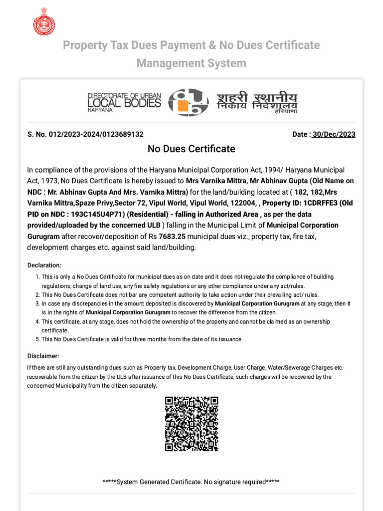 No Dues Certificate for Property Tax | PDF