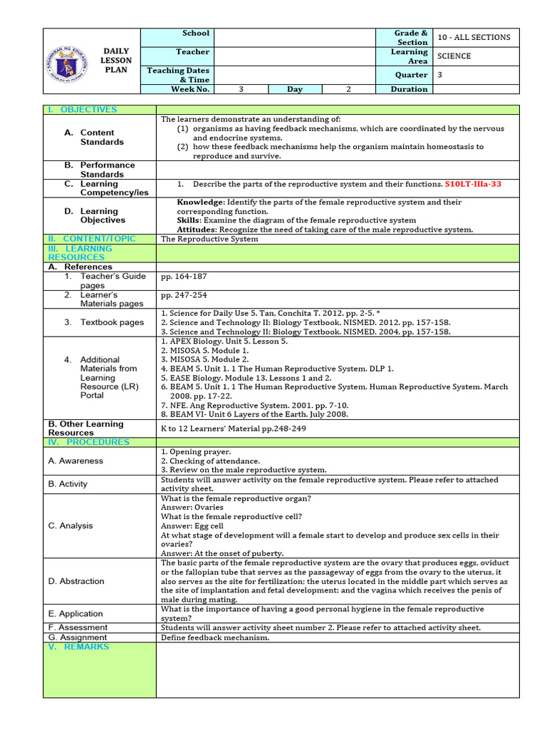 Science 10 DLP Q3W3D2 Reproductive System | PDF | Ovary | Learning