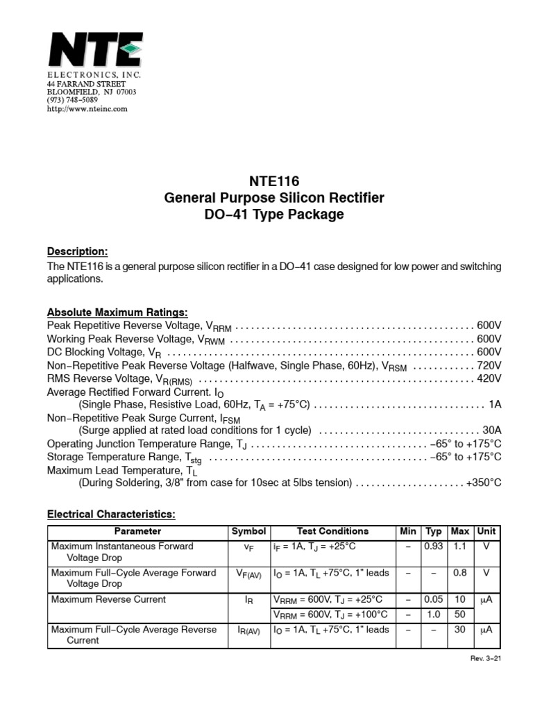 Nte 116 | PDF | Rectifier | Electronics
