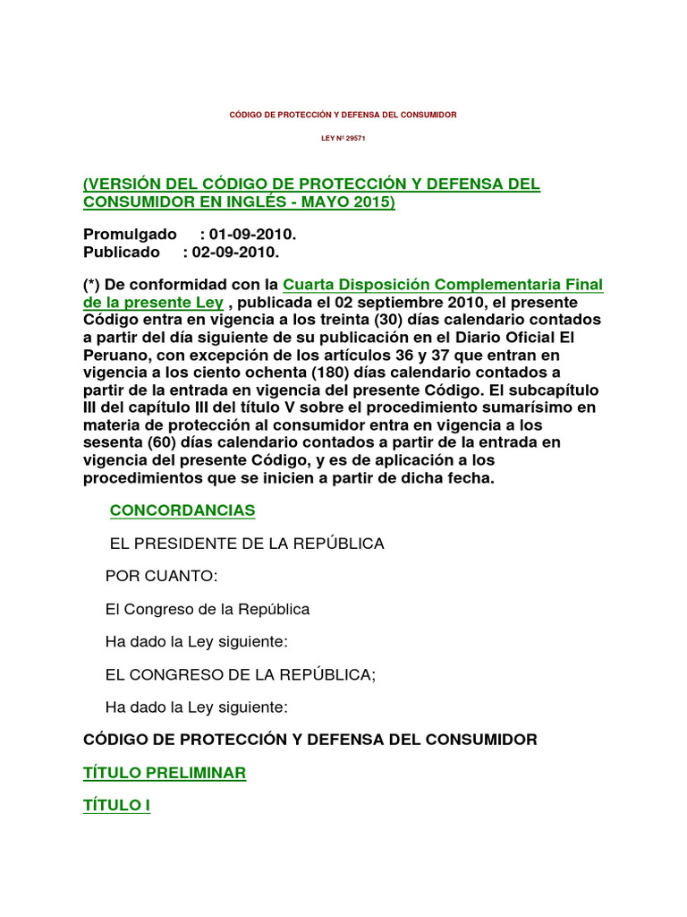 Código de Protección y Defensa Del Consumidor Ley 29571 | PDF | Protección al Consumidor | Los ...