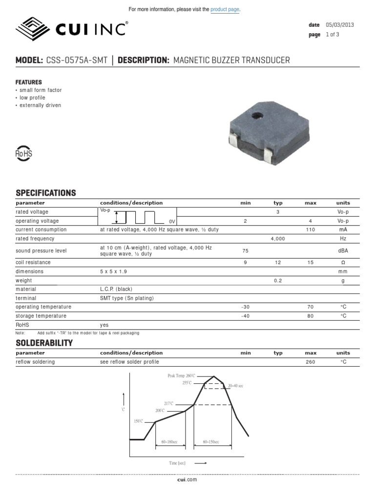 CSS-0575A-SMT Datasheet - MAGNETIC BUZZER TRANSDUCER - CUI Inc | PDF | Frequency | Printed ...