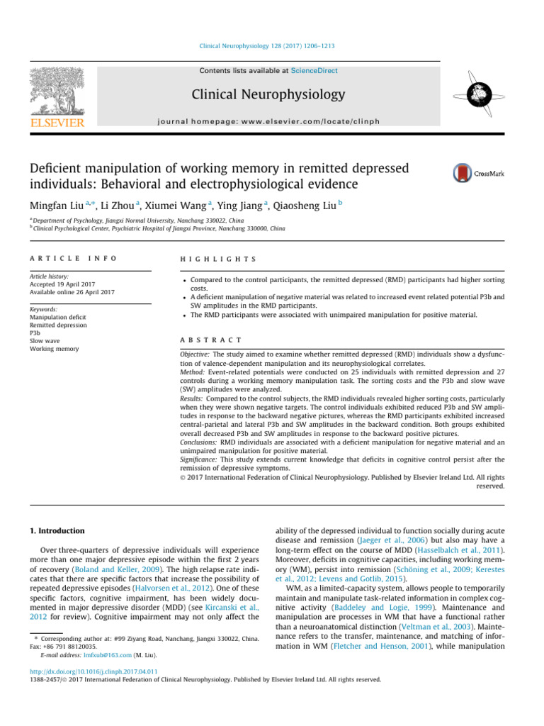 Working Memory Deficits in Remitted Depression | PDF | Diagnostic And ...