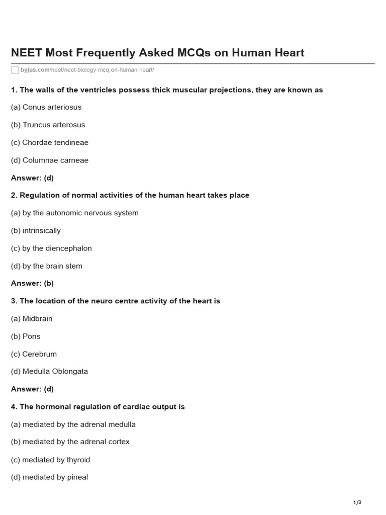 NEET Most Frequently Asked MCQs On Human Heart | PDF | Heart ...