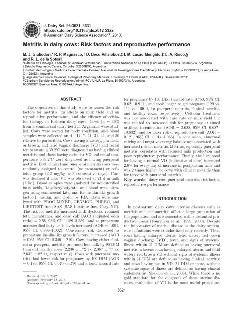 Metritis in Dairy Cows: Risk Factors and Reproductive Performance | PDF | Dairy Cattle | Cattle