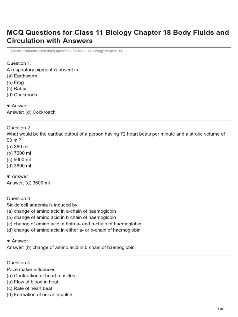 Class 11 MCQs on Body Fluids & Circulation | PDF | Heart | Atrium (Heart)
