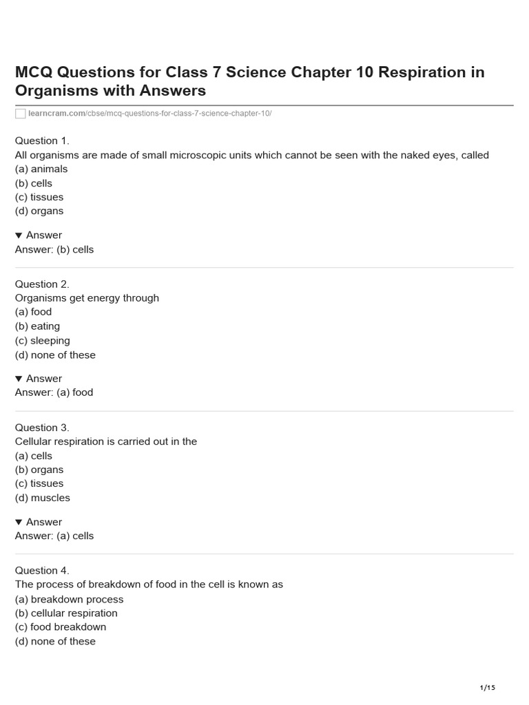 MCQ Questions For Class 7 Science Chapter 10 Respiration in Organisms With Answers | PDF ...