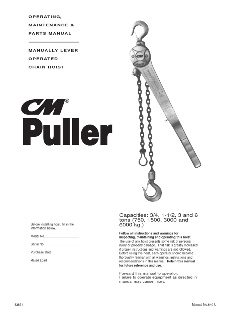 CM Hoist - Puller Lever Hoist Manual | PDF | Safety | Elevator