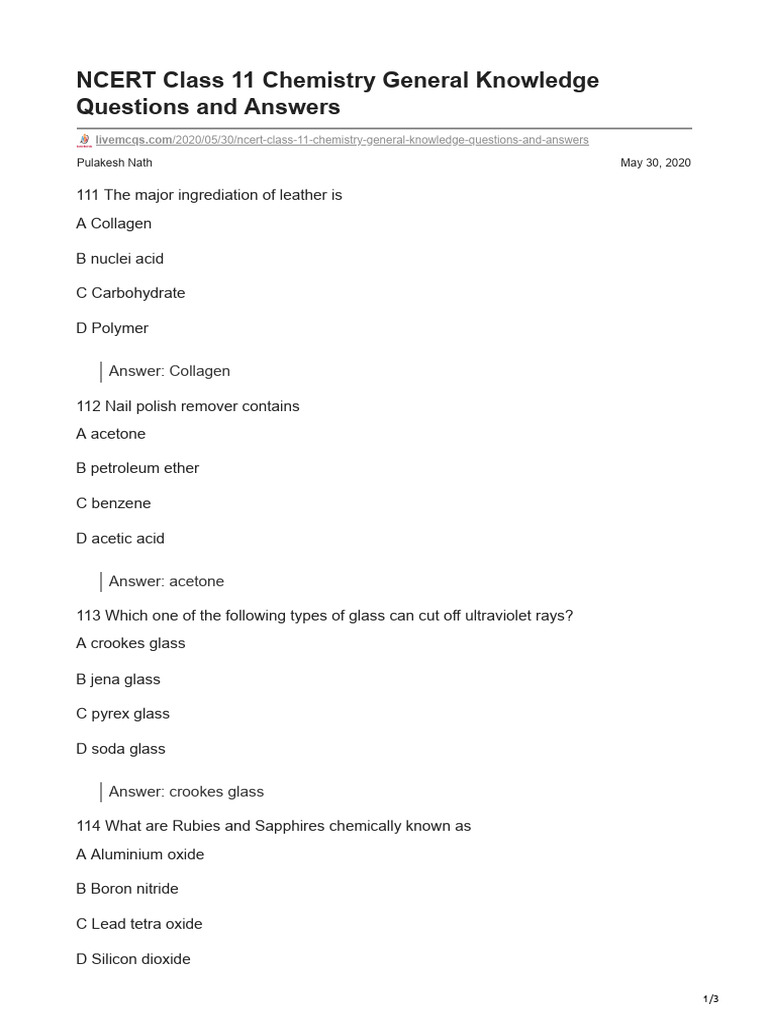 NCERT Class 11 Chemistry General Knowledge Questions and Answers | PDF