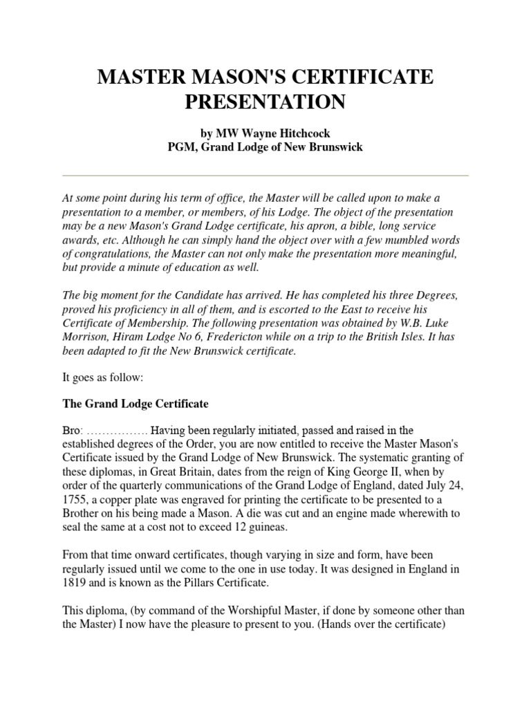 MASTER MASON Pillar Certificate Lecture | PDF | Freemasonry | Column