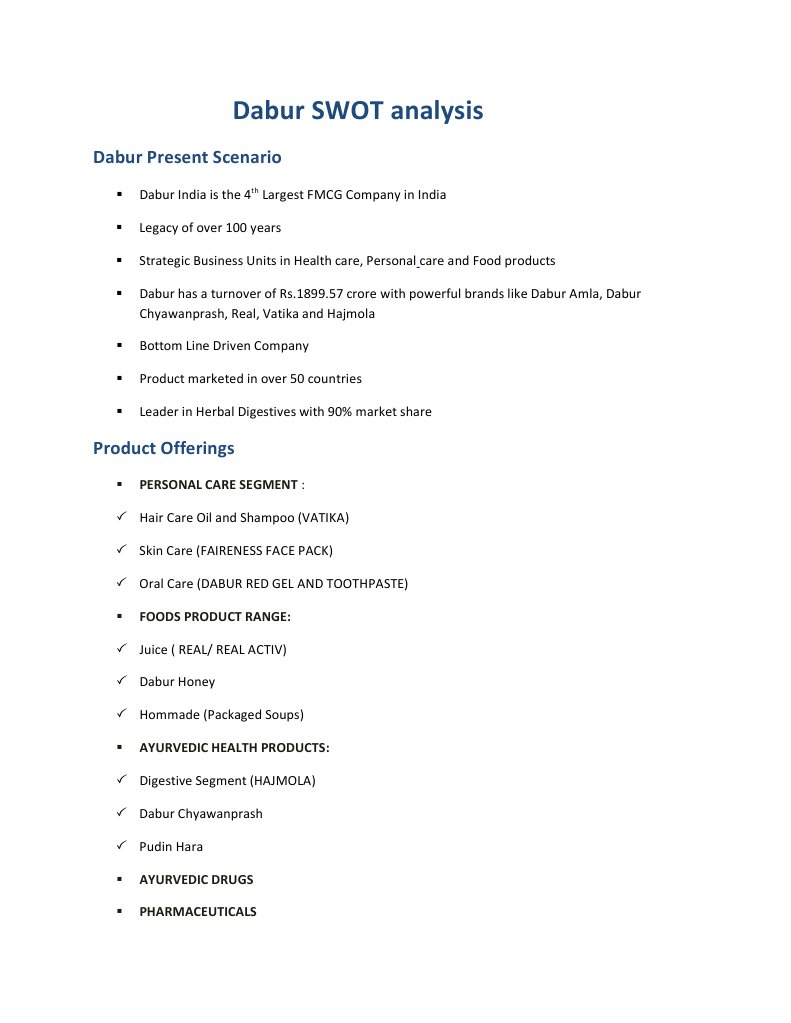 Dabur India FMCG SWOT Analysis | PDF | Technology & Engineering ...