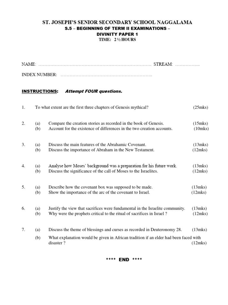 S5 Divinity Paper 1 Beginning of Term 2 | PDF