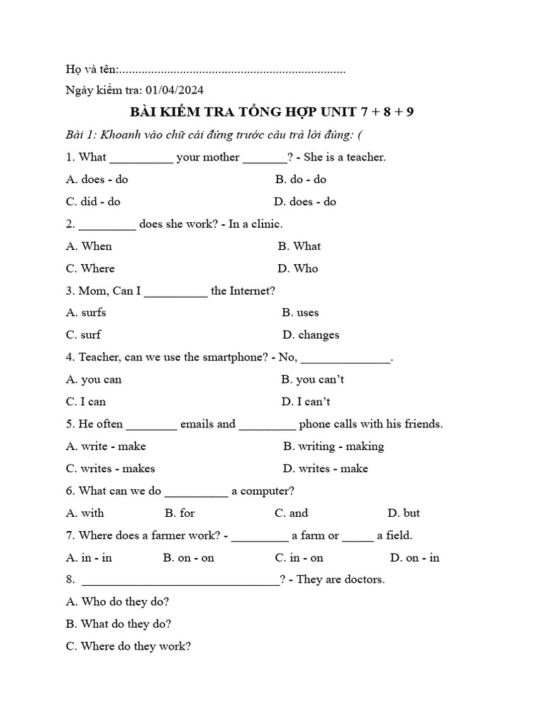 BÀI KIỂM TRA TỔNG HỢP UNIT 7 + 8 + 9 | PDF