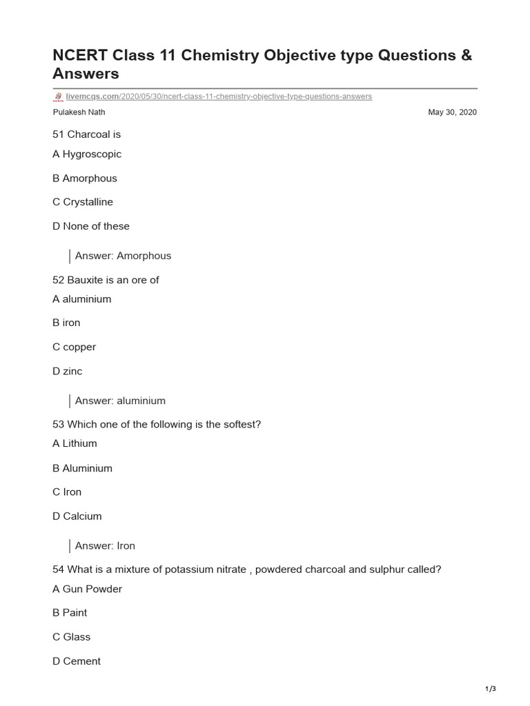 Ncert Class 11 Chemistry Objective Type Questions Amp Answers Pdf